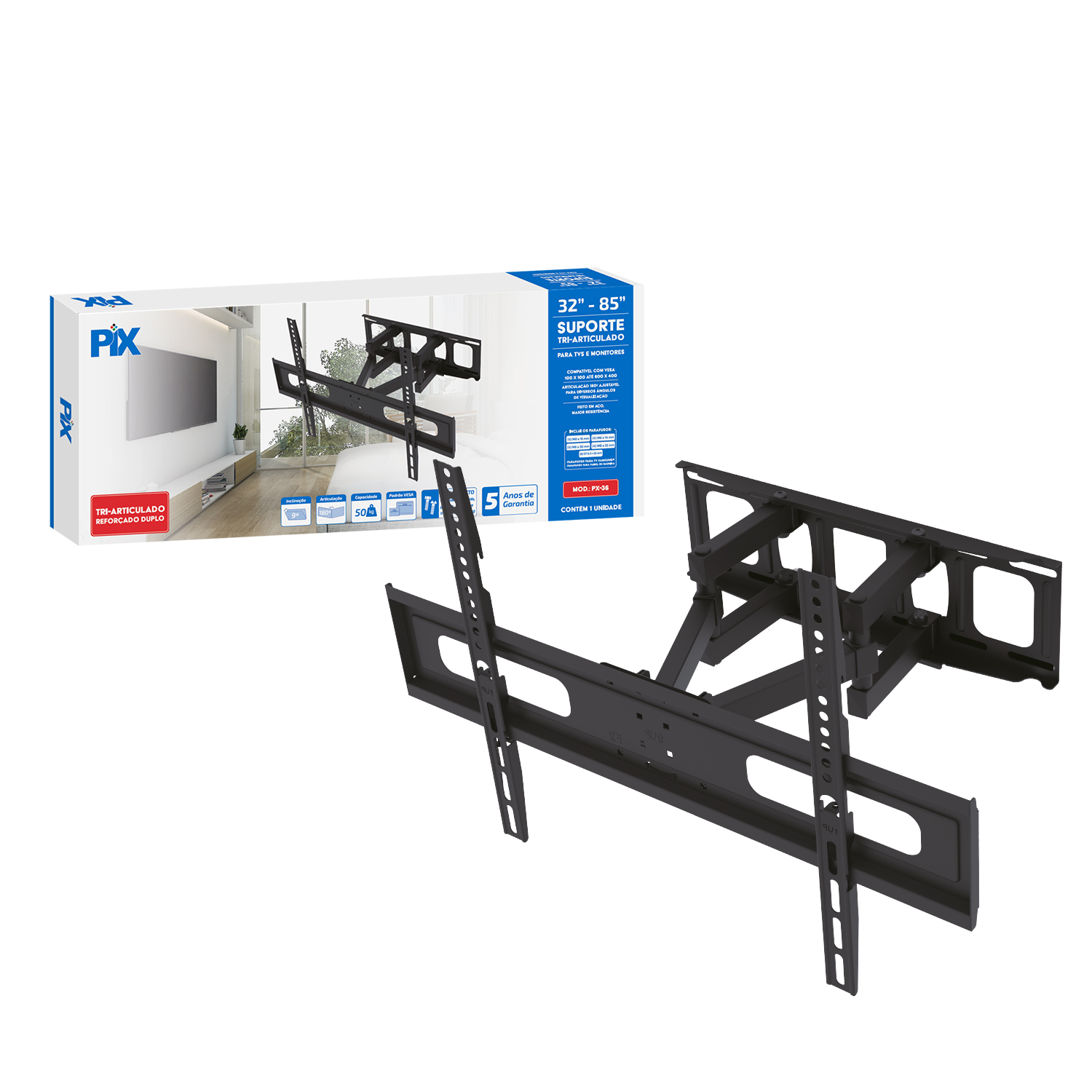 Suporte Tri-Articulado para TV'S de 32 a 85 Polegadas c/ Reforço Duplo ...