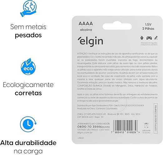 Pilha Alcalina AAAA Elgin 1.5V – Cartela com 2 Unidades - Eletro Parts